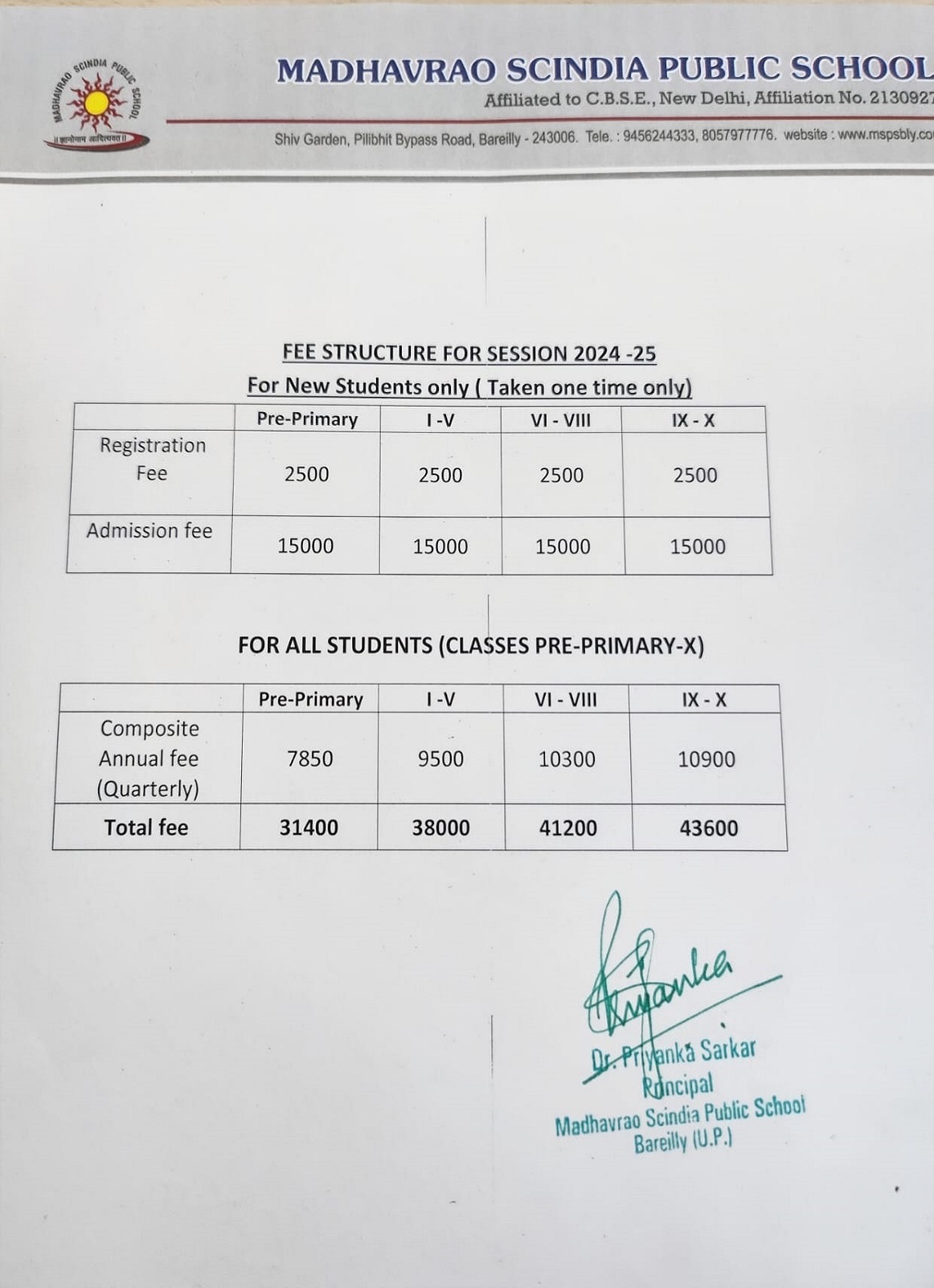 Fee Structure - MADHAVRAO SCINDIA PUBLIC SCHOOL